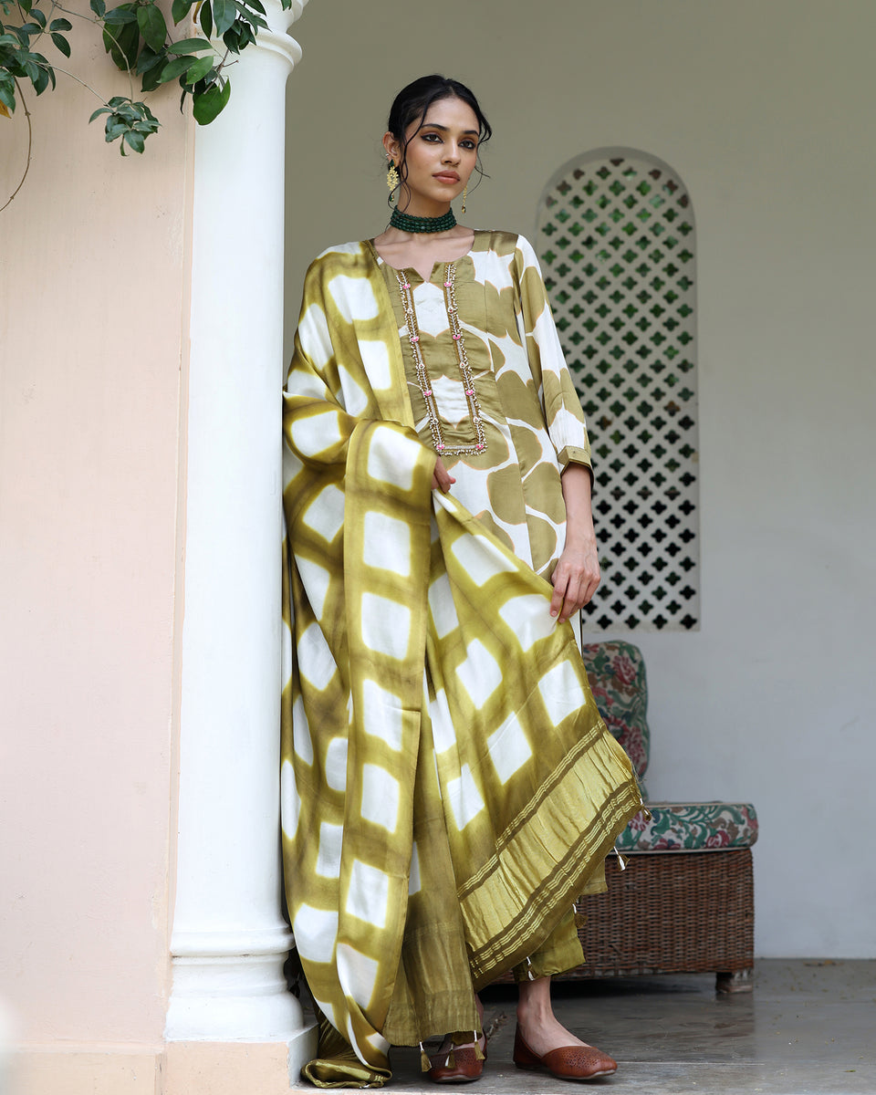 Mehandi Green Modal Clamp Dye With Hand Embroidery Suit And Clamp Dye ...